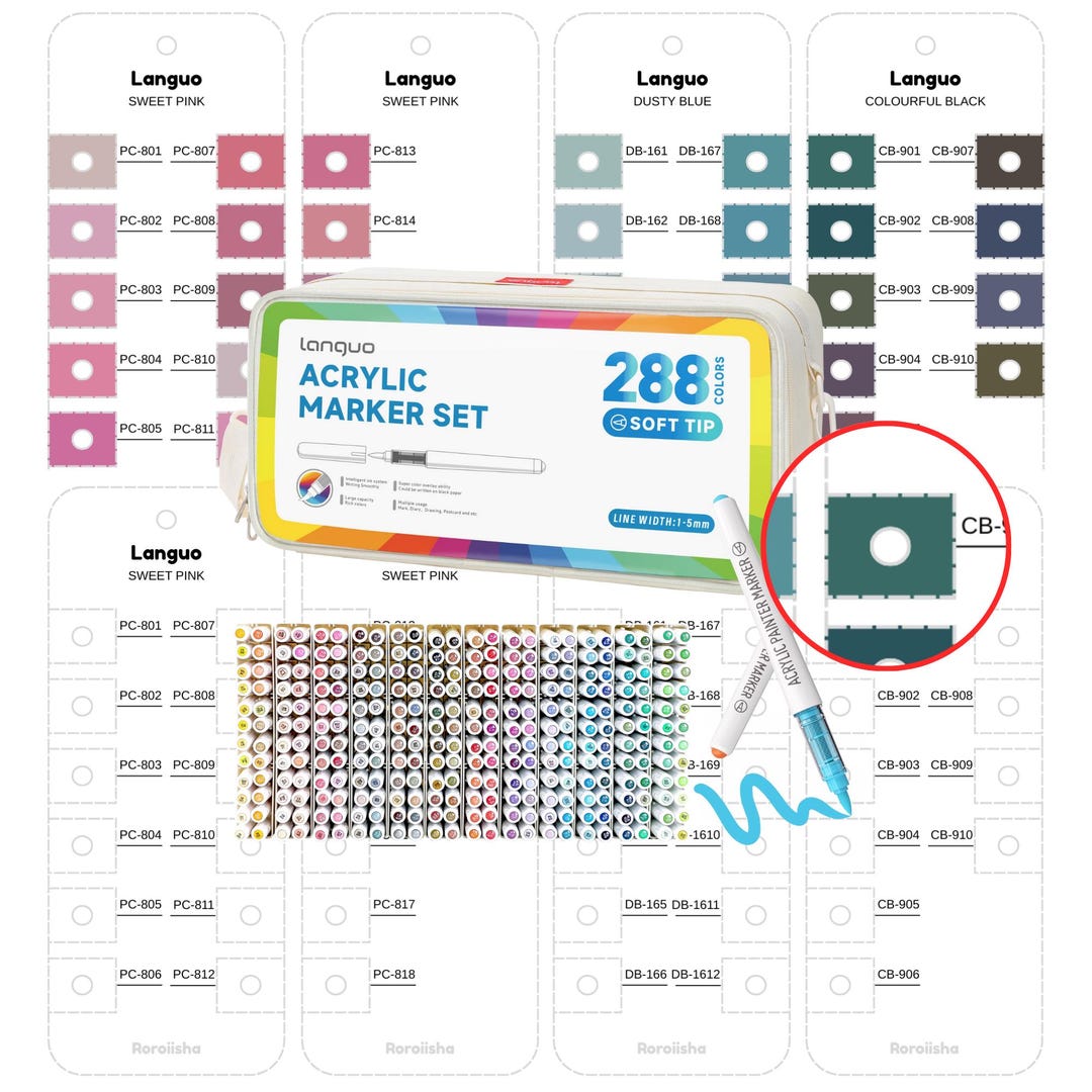 Languo 288 Colors Acrylic Brush Markers Swatch Template Soft Tip Marker ...