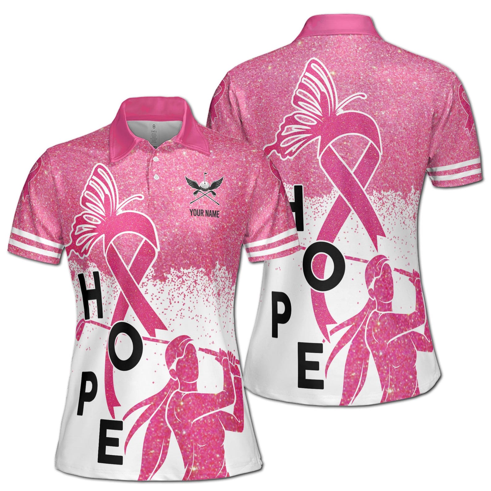 Custom Name Pink Glitter Hope Breast Cancer Month Lady Golfer Women's ...