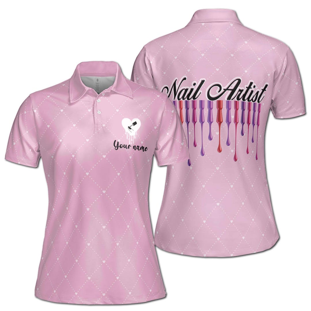 Custom Name Nails Artist Pink Heart Diamond Design Women's Polo Shirt S ...
