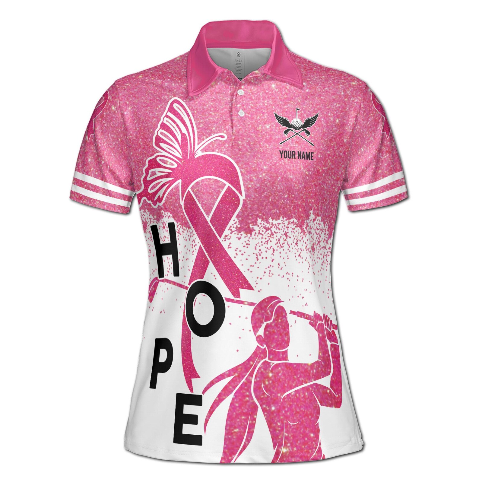 Custom Name Pink Glitter Hope Breast Cancer Month Lady Golfer Women's ...