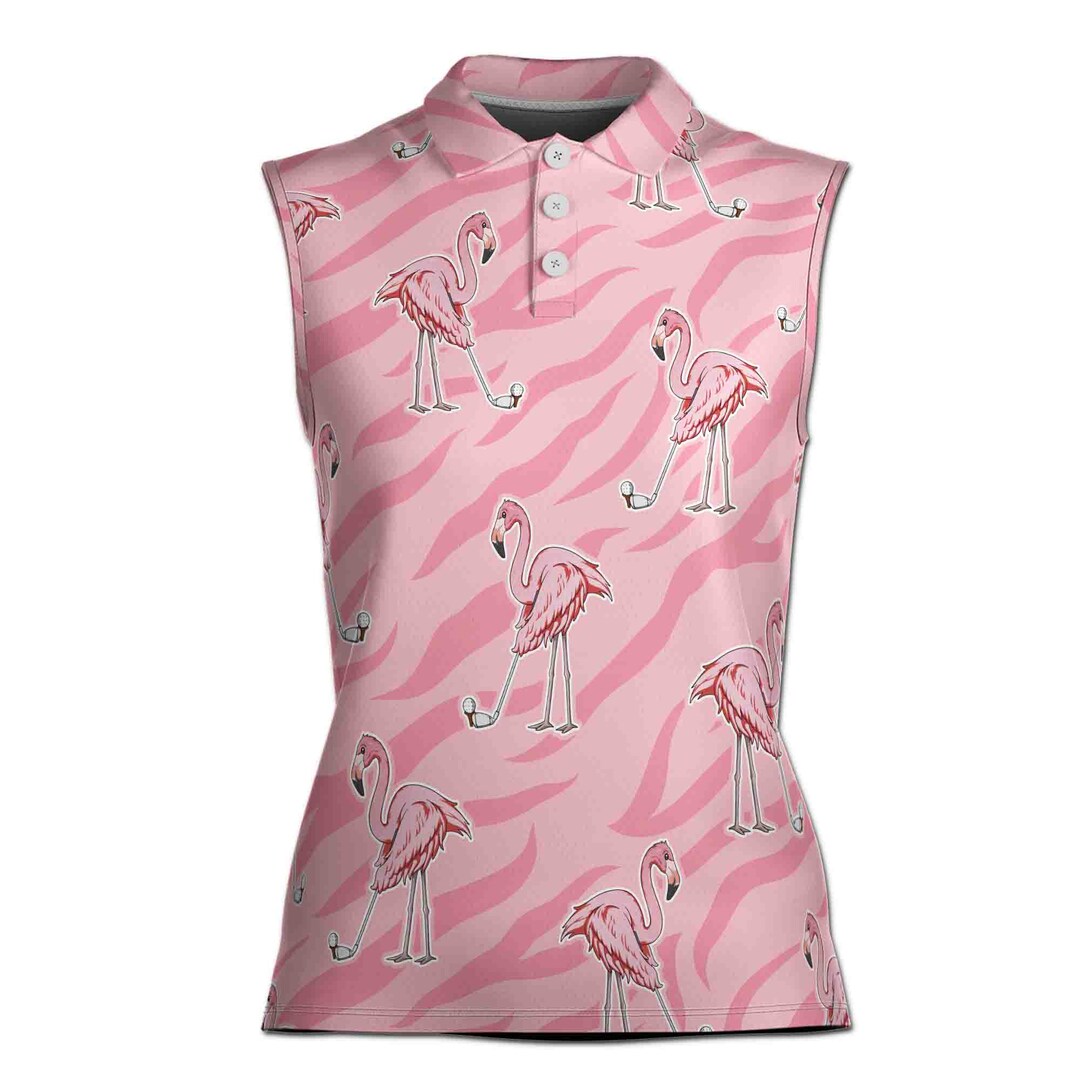 Flamingo Golfing Pink Zebra Pattern Golf Lover 3D Women Sleeveless Polo ...