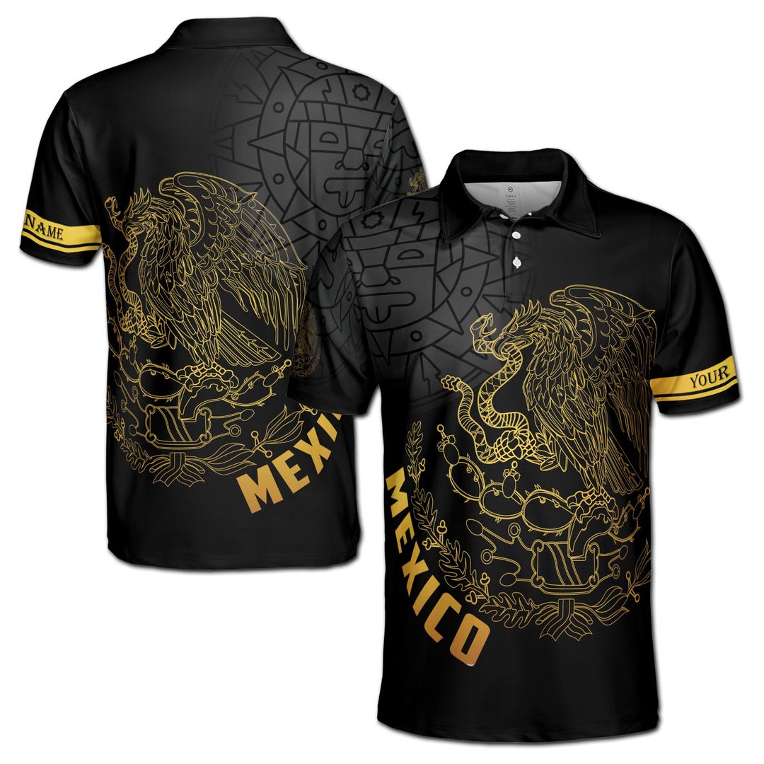 Custom Name Mexico Tribal Aztec Eagle Coat of Arms Men's Polo Shirt S ...