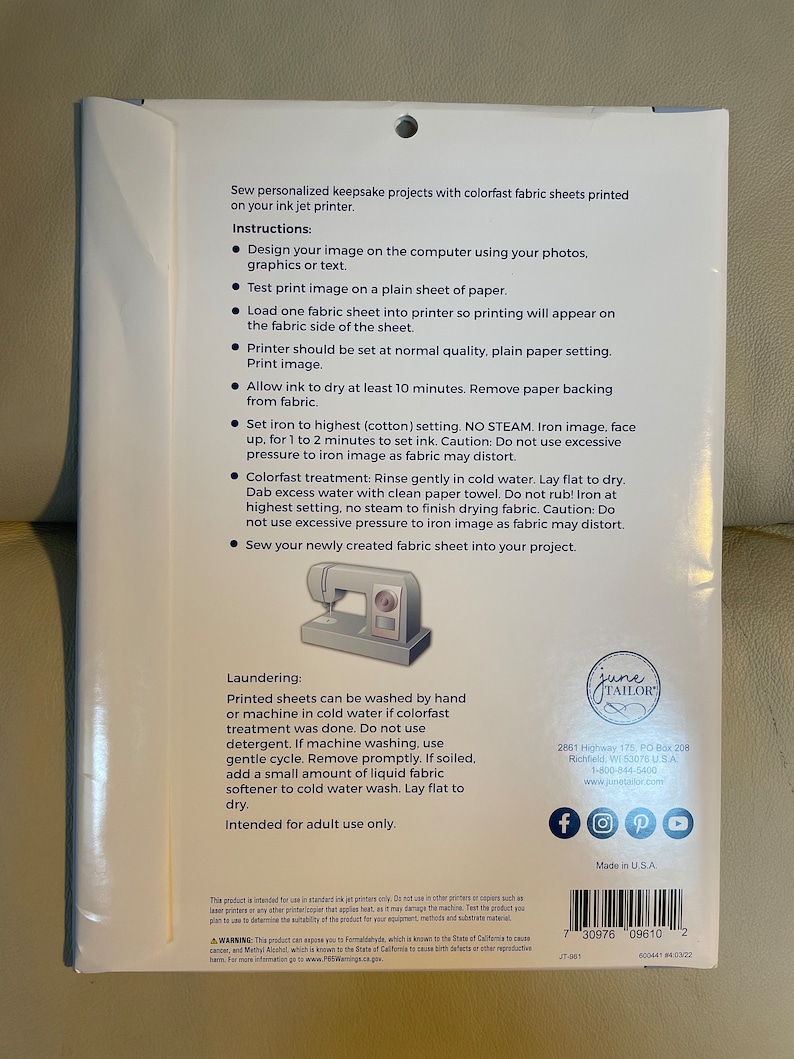 June Tailor Colorfast Sew-in Fabric Sheets for Inkjet Printers-10 ...