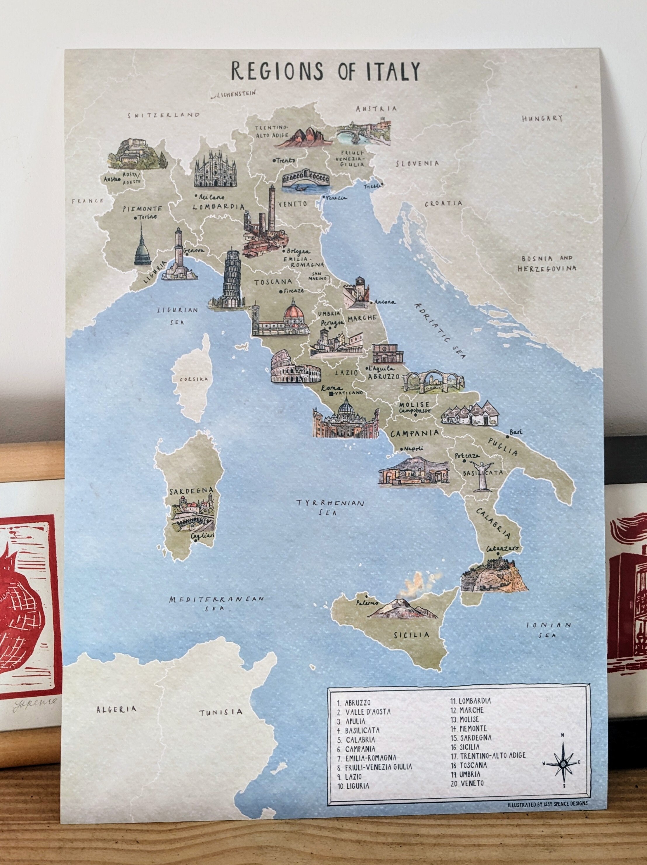 ITALY MAP | A3 Regions of Italy Map Hand Drawn | Original Artwork Wall ...