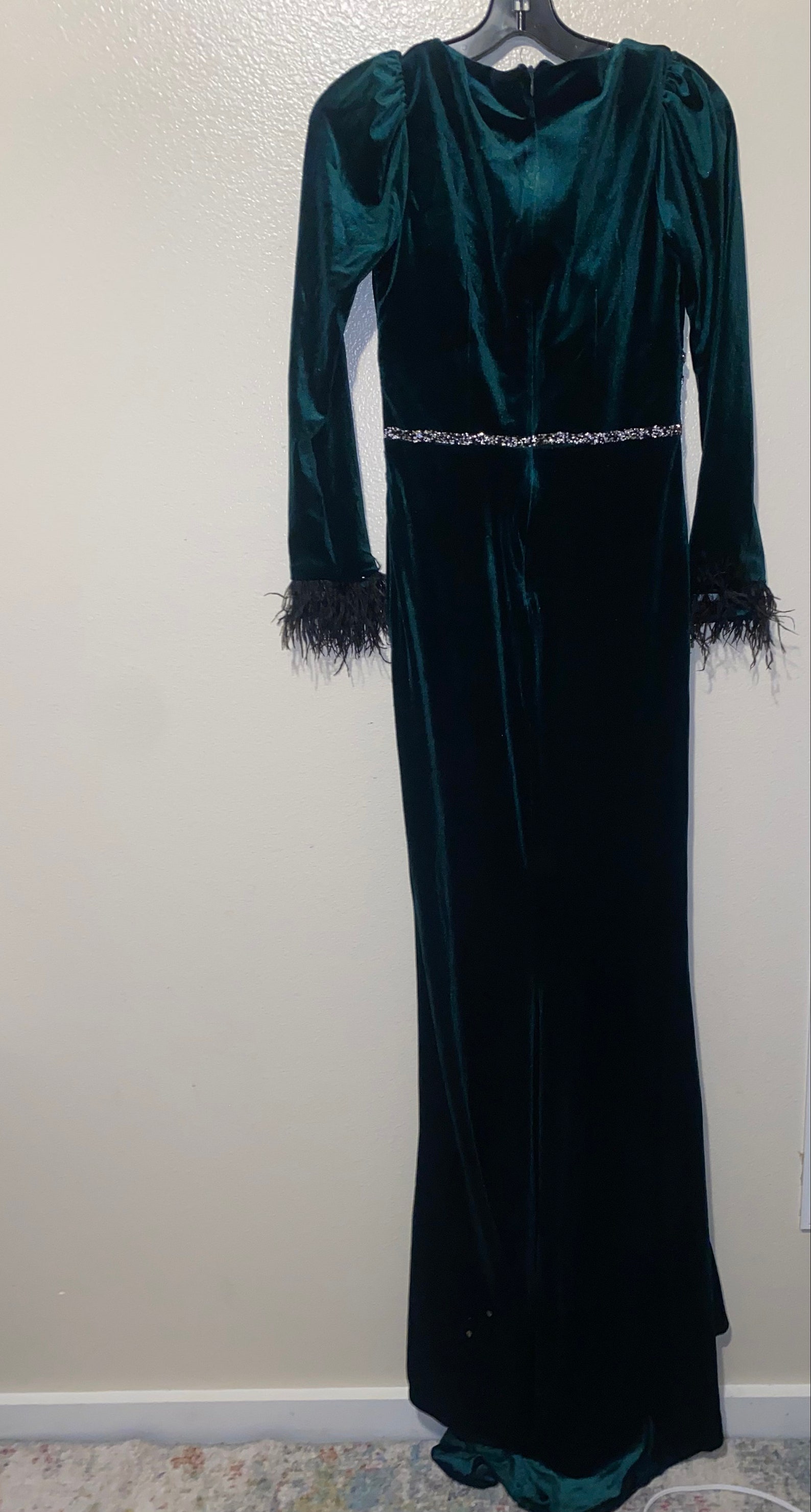 Long Emerald Green Velvet Dress With Sparkly Waist and Feathered ...
