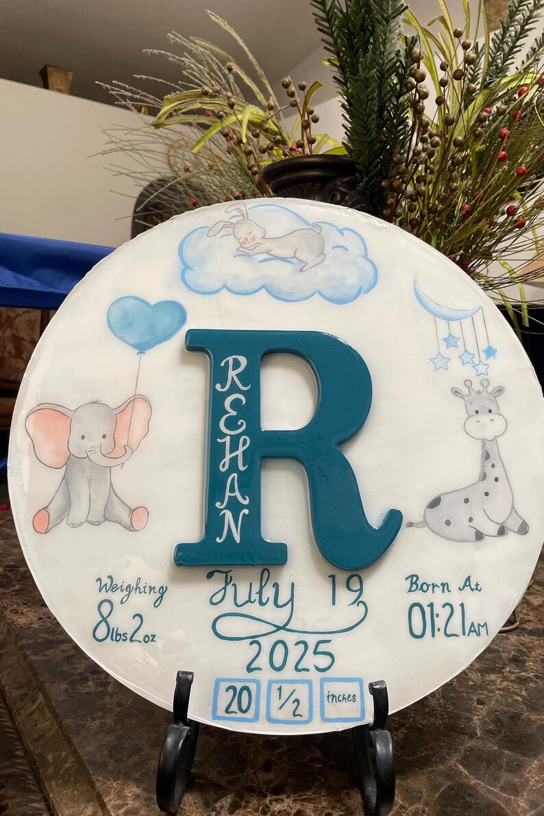 Personalized Baby Announcement Board: Hand-painted Wooden Birth Stats ...