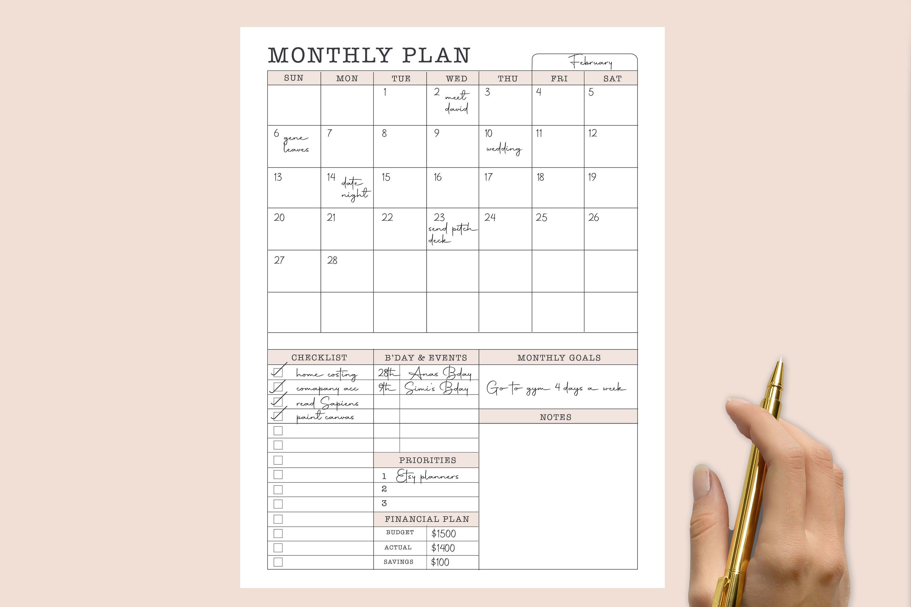 Monthly Printable Planner Inserts, Blank Calendar, Minimalist Planner ...