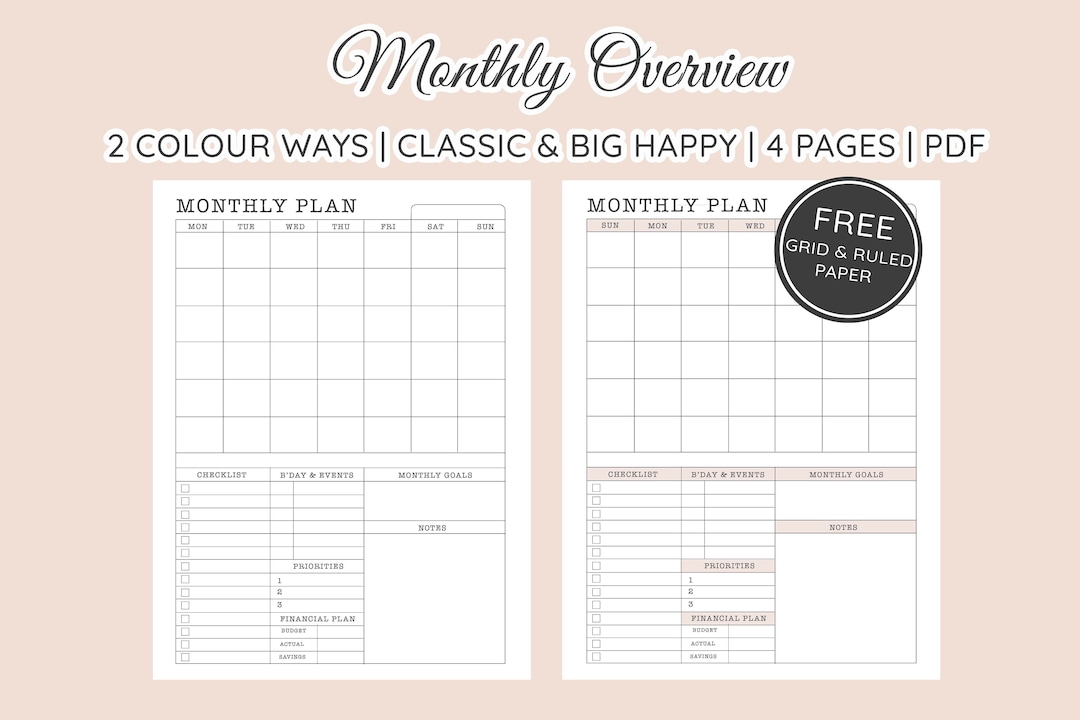 Monthly Printable Planner Inserts, Blank Calendar, Minimalist Planner ...
