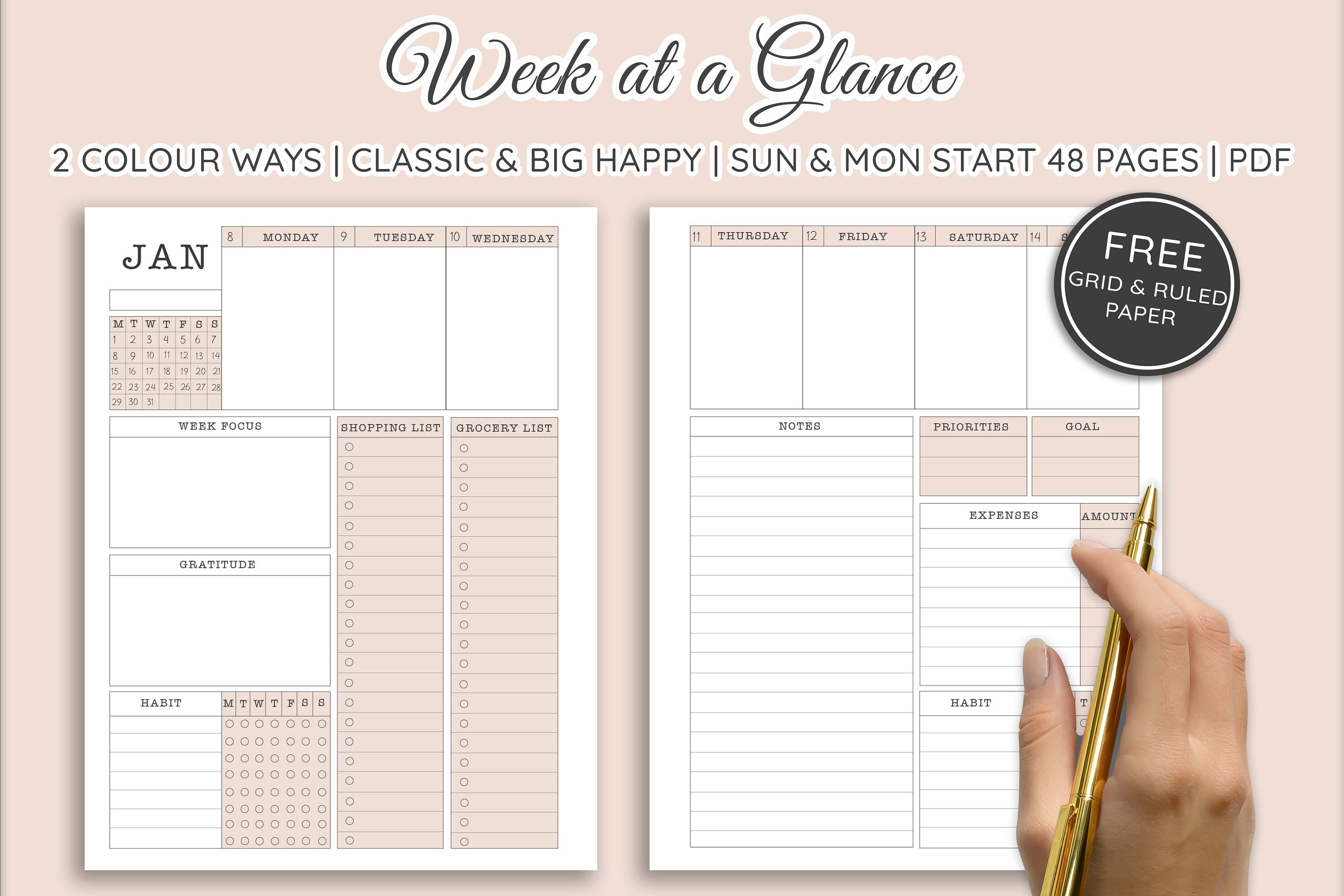 Weekly Planner Printable, Minimalist Schedule, Week at a Glance, Office ...