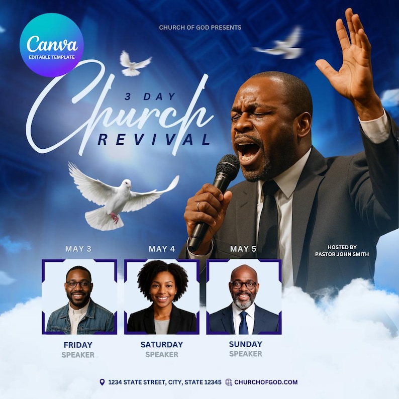 Church Revival Flyer Canva Template Blue Speakers - Etsy