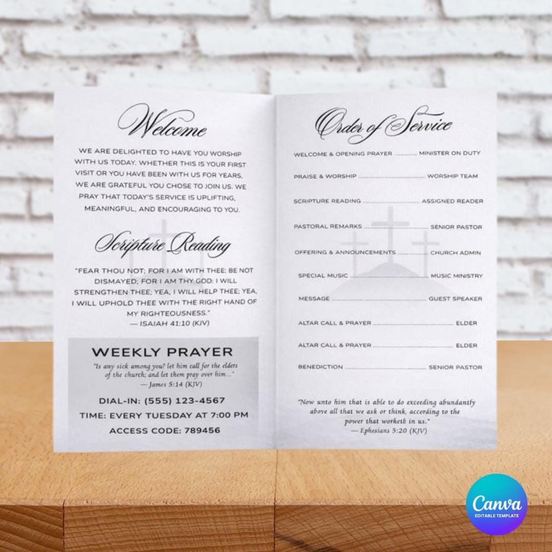 Church Program Template Canva, Bifold Church Bulletin, Sunday Service ...