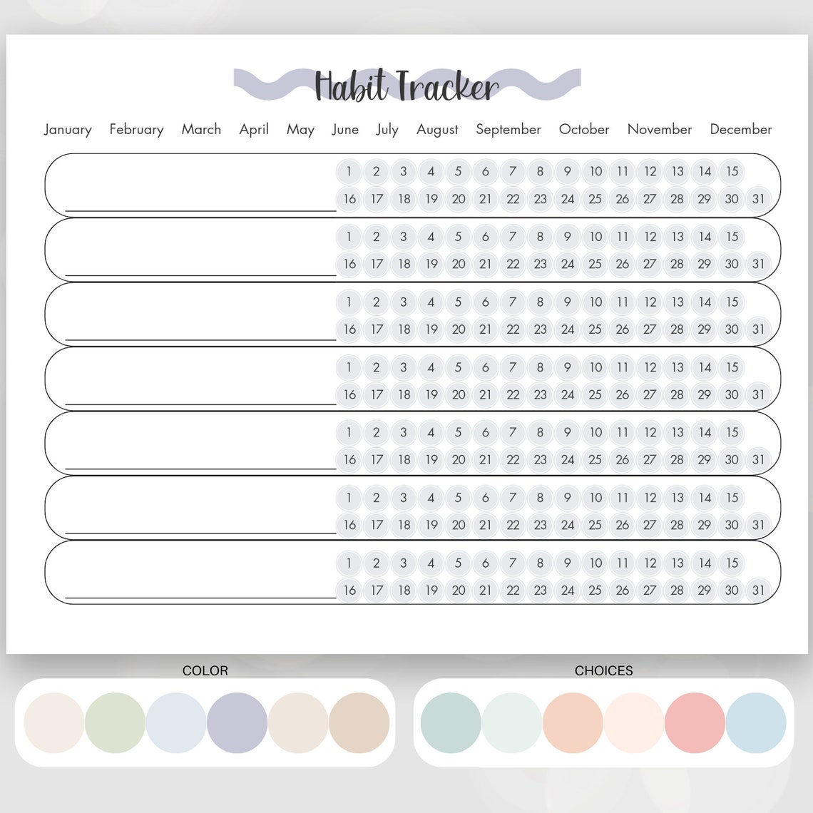 Habit Tracker Printable, Habit Tracker Digital, 4 Versions, 12 Colors ...