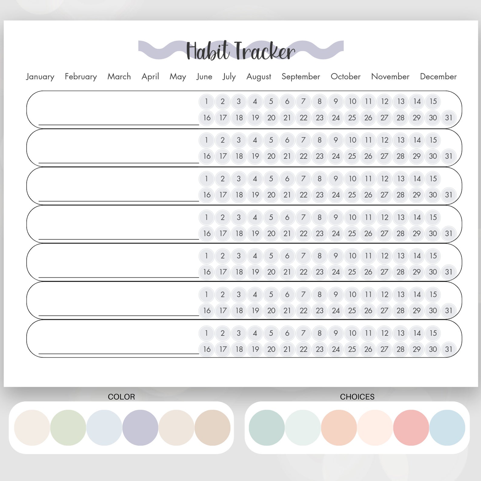 Habit Tracker Printable, Habit Tracker Digital, 4 Versions, 12 Colors ...
