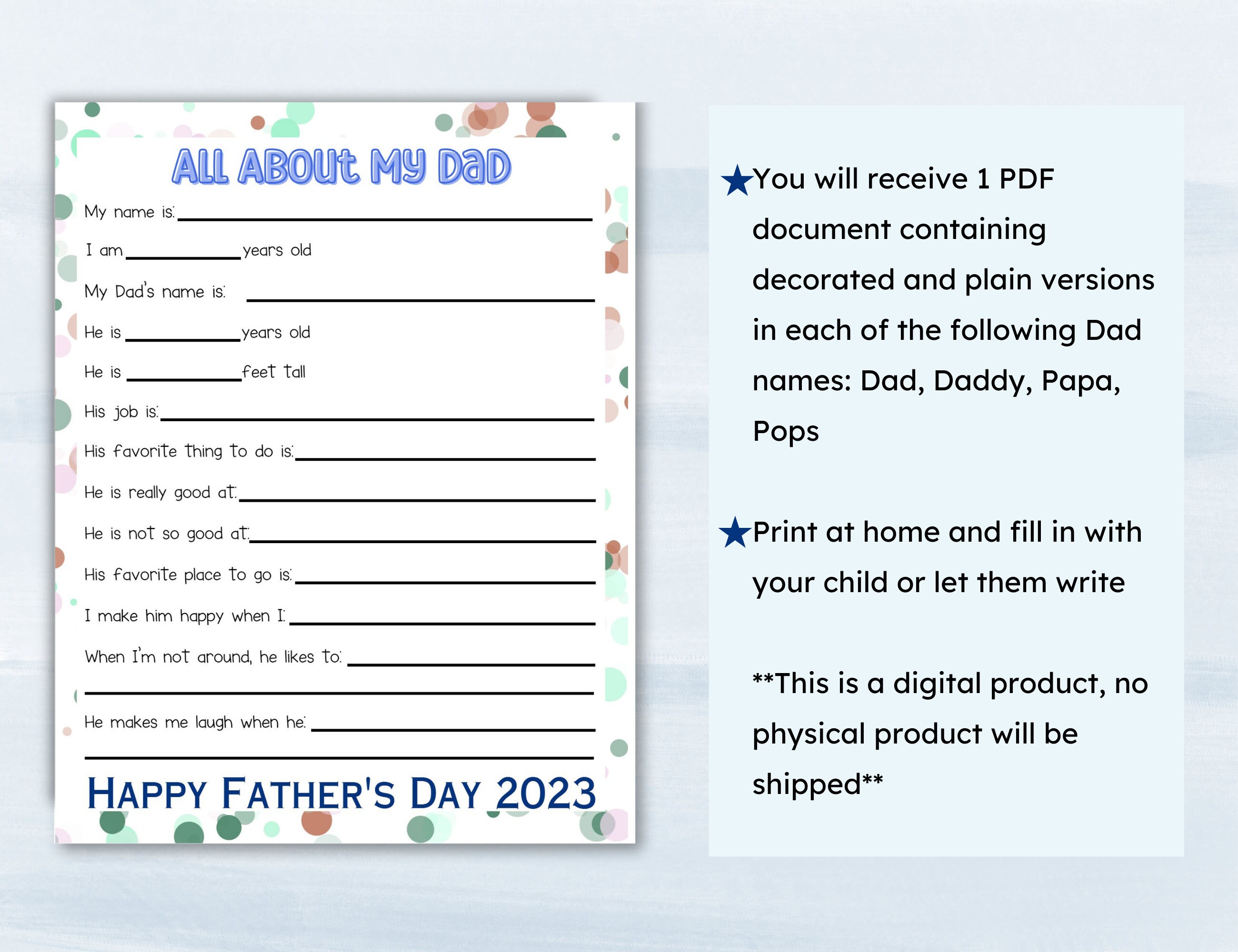 Father's Day Printable Questionnaire Gift for Dad, Daddy, Papa or Pops ...