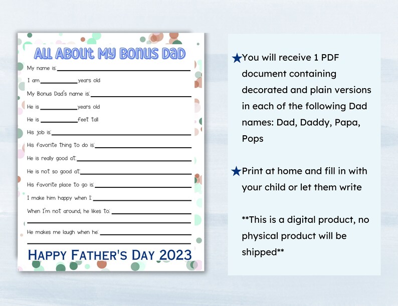 Father's Day Printable Questionnaire Gift for Step Dad or Bonus Dad - Etsy