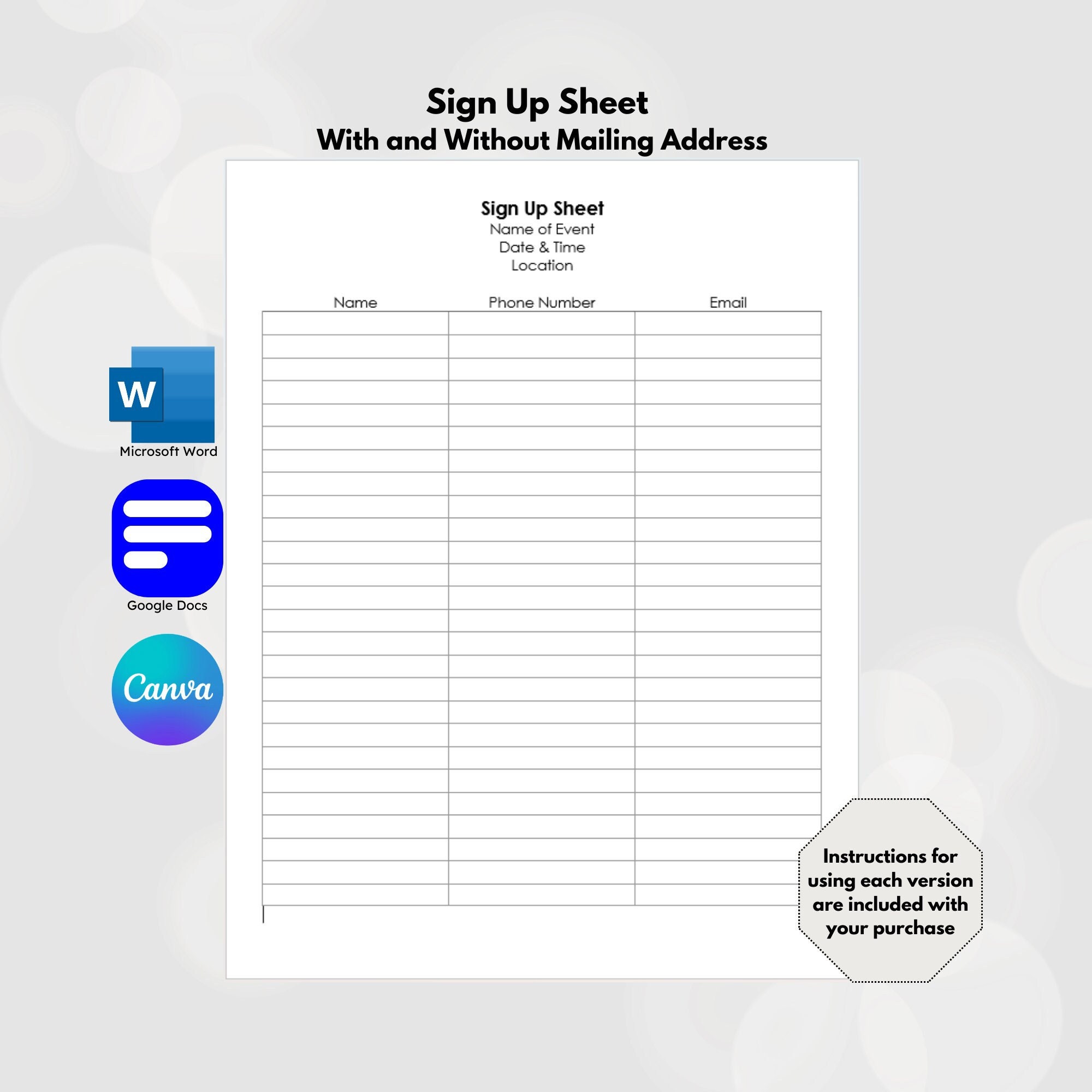 EDITABLE Sign up Sheet With and Without Mailing Address - Etsy