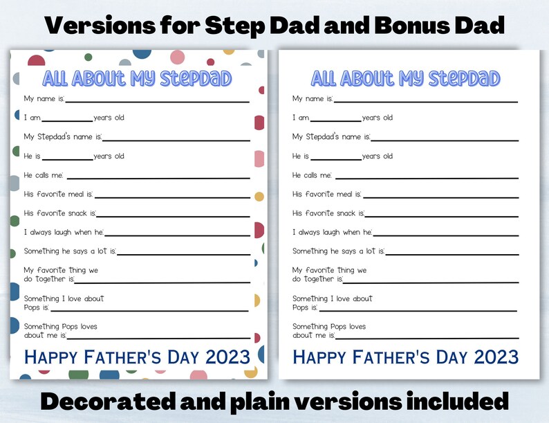 Father's Day Printable Questionnaire Gift for Step Dad, Bonus Dad ...