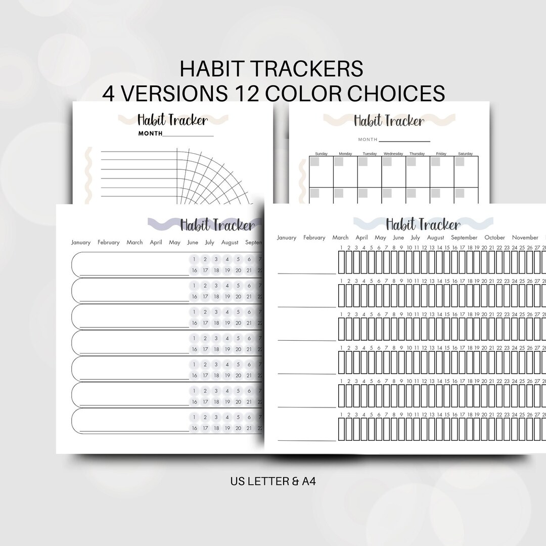 Habit Tracker Printable, Habit Tracker Digital, 4 Versions, 12 Colors ...