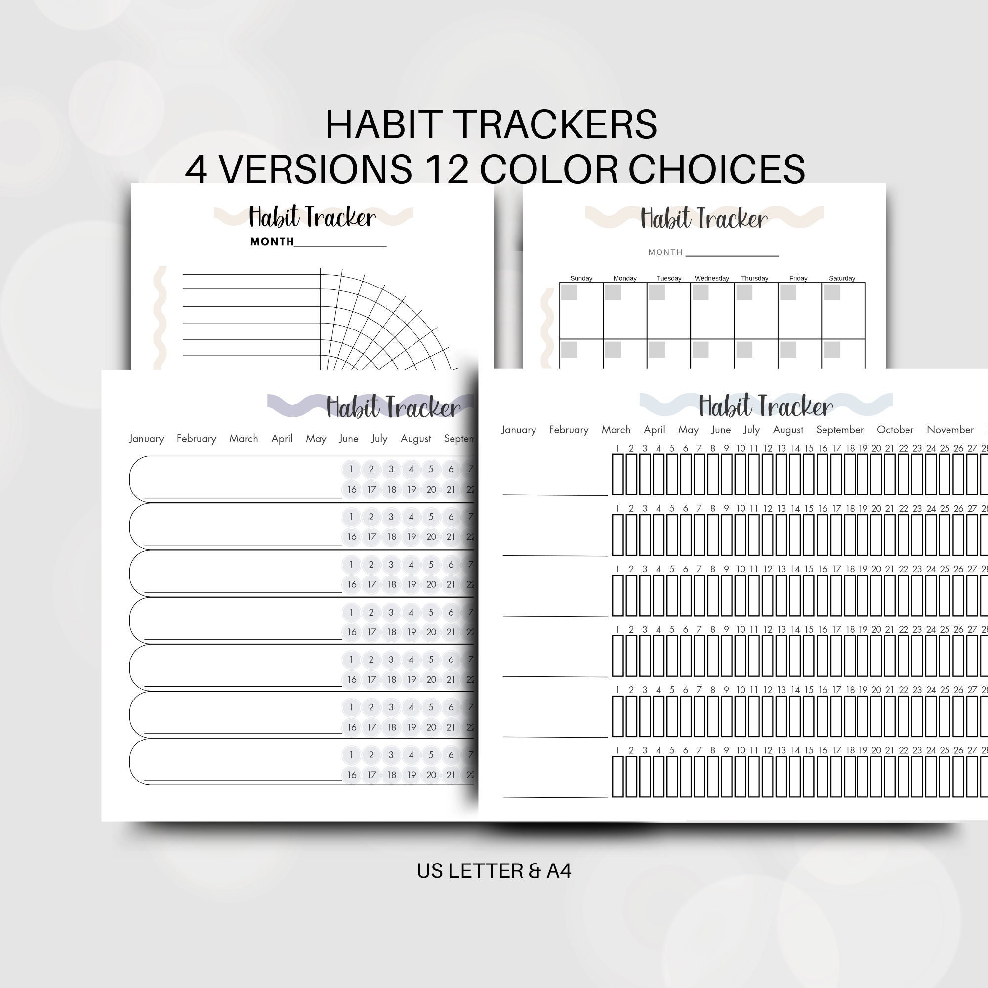 Habit Tracker Printable, Habit Tracker Digital, 4 Versions, 12 Colors ...