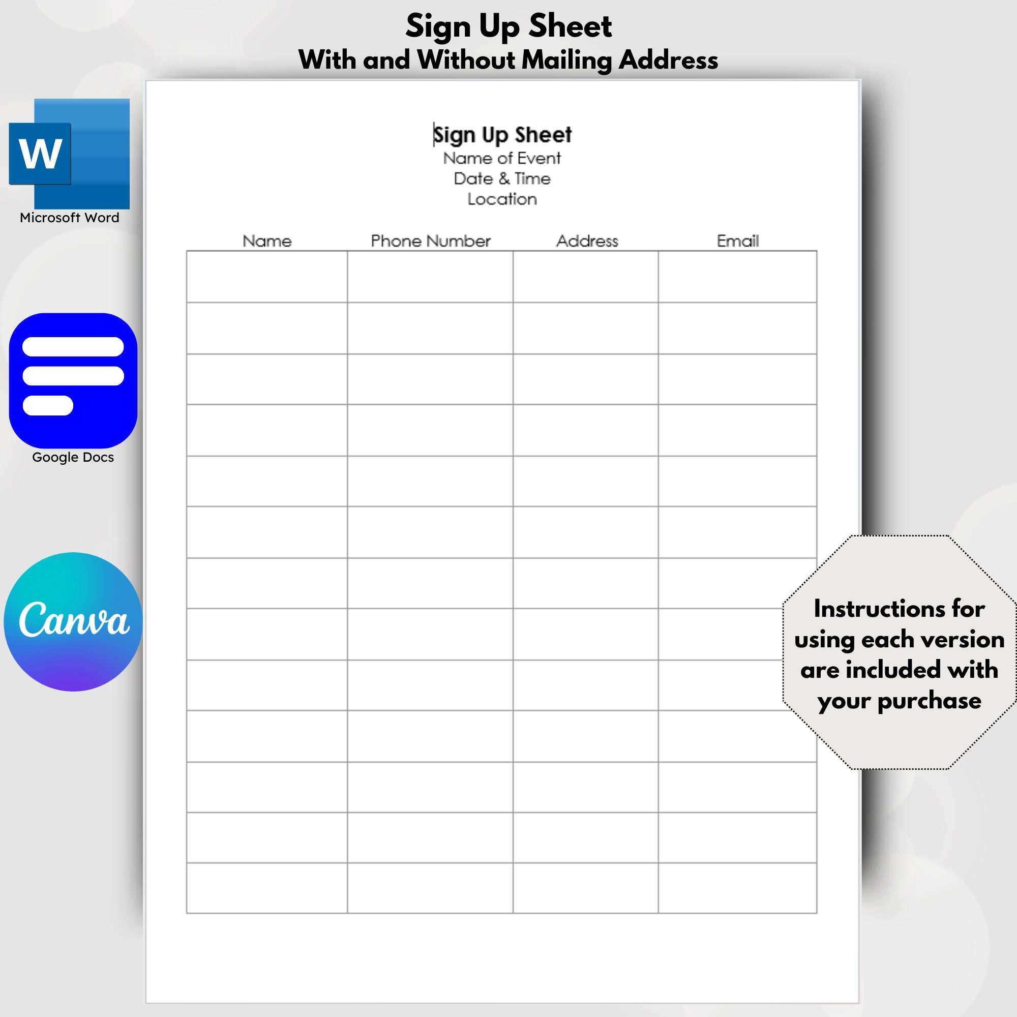 EDITABLE! Sign up Sheet With and Without Mailing Address - Etsy
