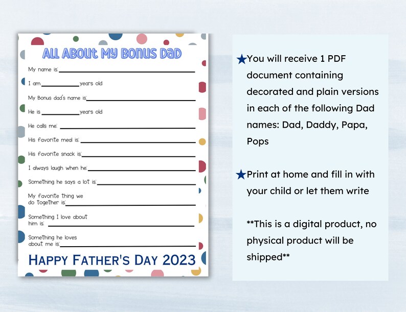 Father's Day Printable Questionnaire Gift for Step Dad, Bonus Dad ...