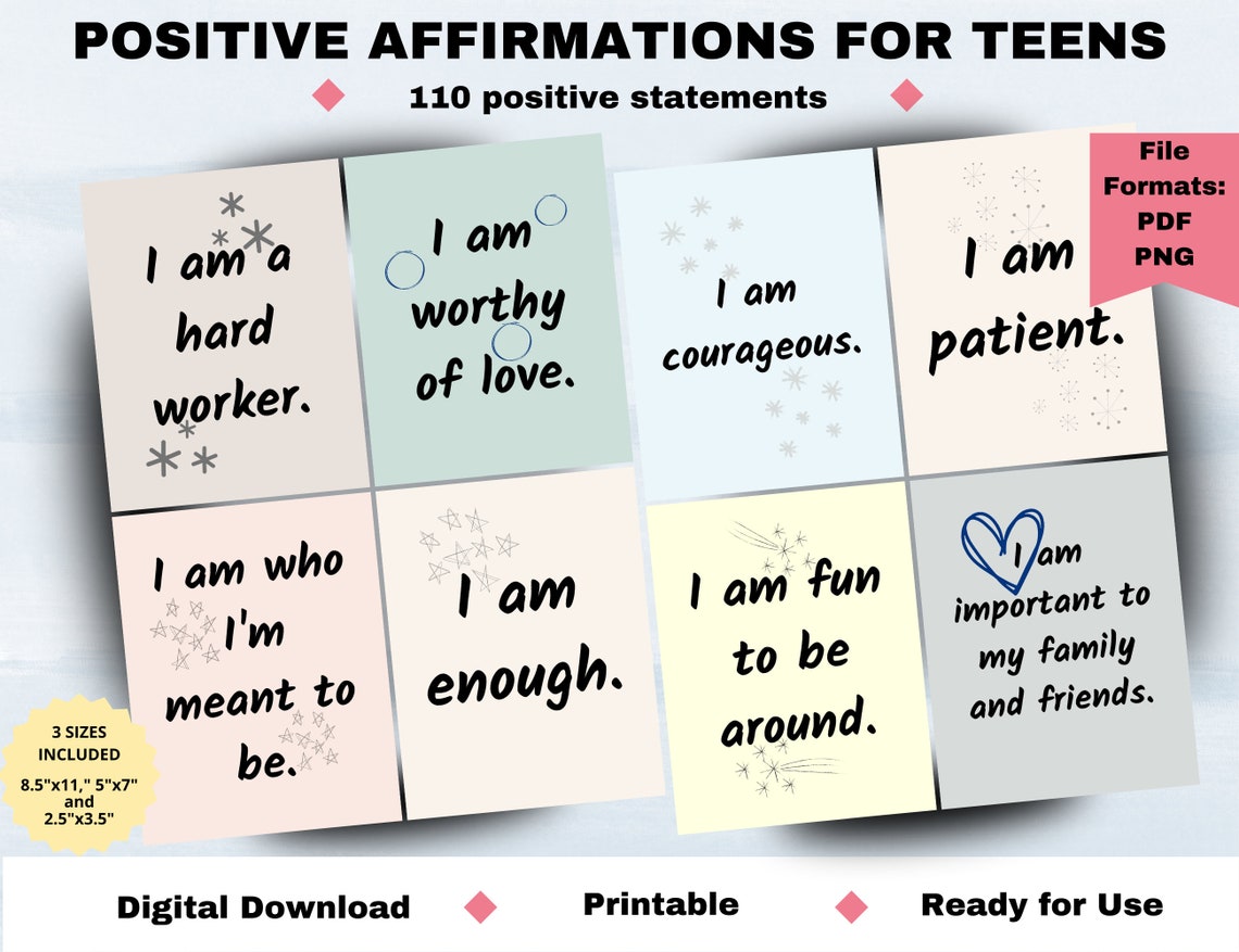 Affirmations for Teens, 110 Positive Statements, Can Be Used as Cards ...