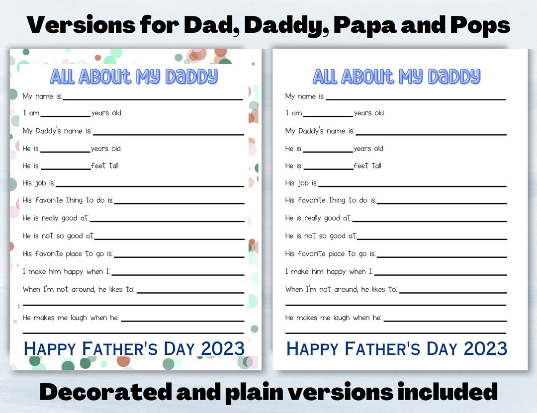 Father's Day Printable Questionnaire Gift for Dad, Daddy, Papa or Pops ...