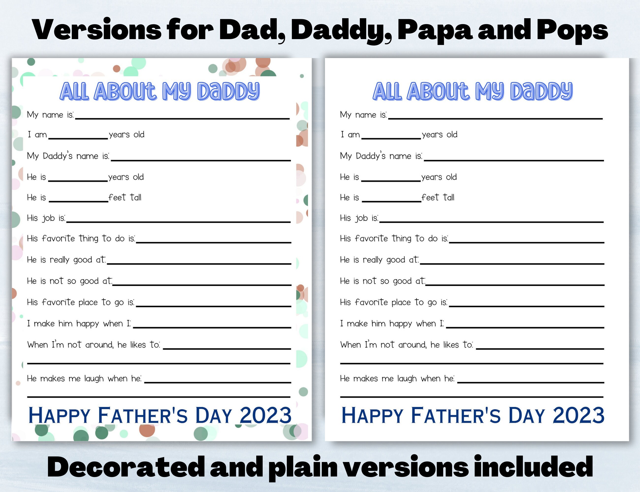 Father's Day Printable Questionnaire Gift for Dad, Daddy, Papa or Pops ...