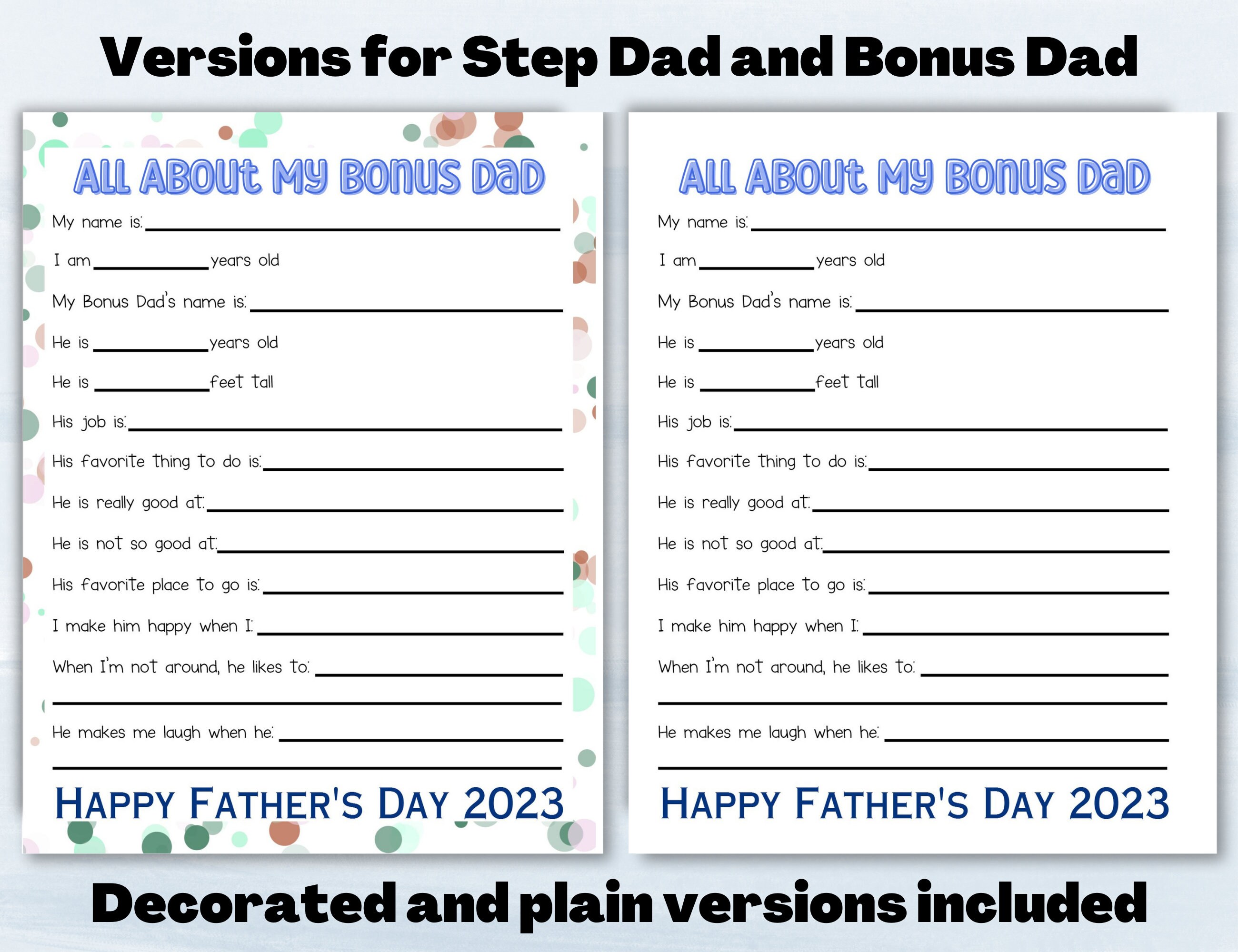 Father's Day Printable Questionnaire Gift for Step Dad or Bonus Dad - Etsy
