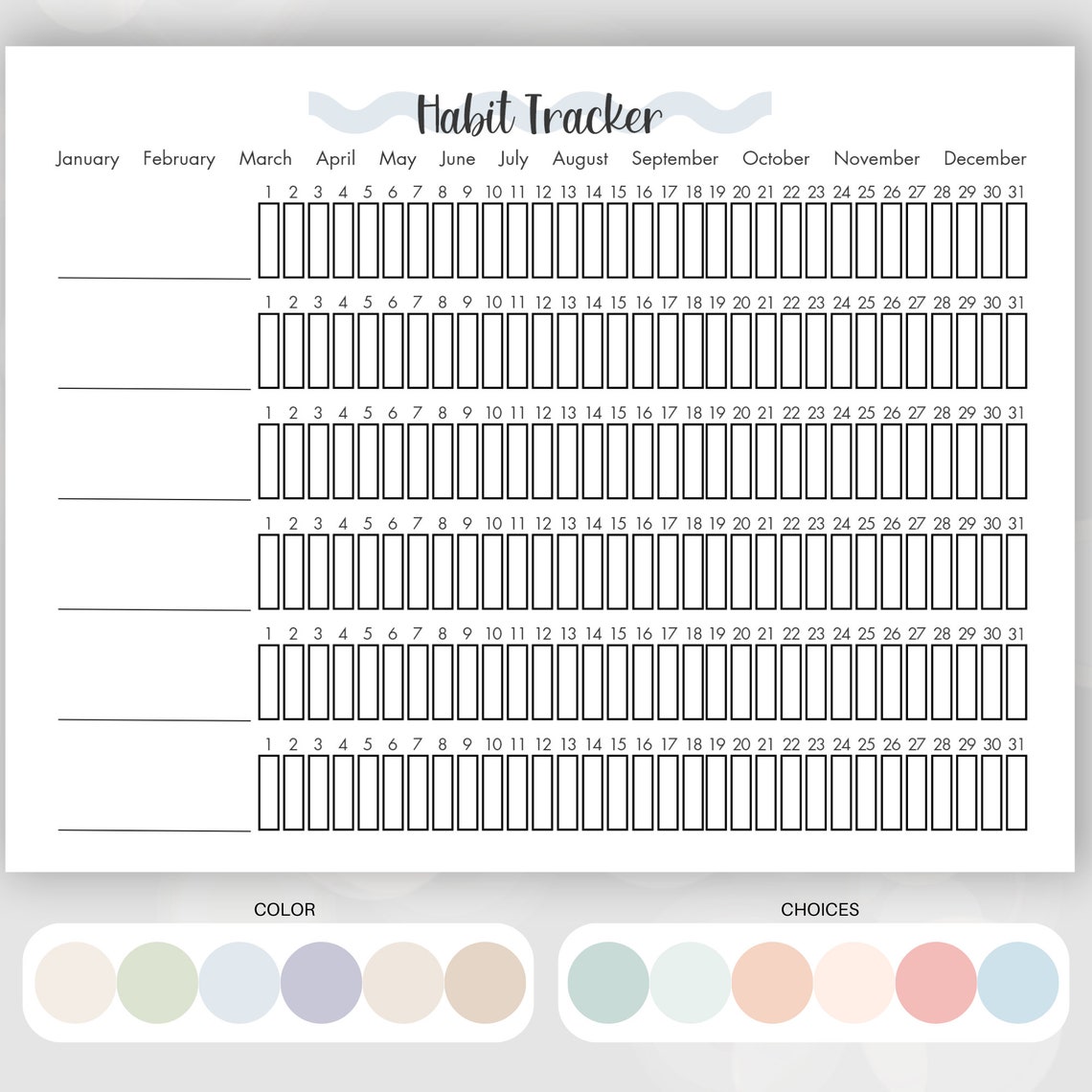 Habit Tracker Printable, Habit Tracker Digital, 4 Versions, 12 Colors ...