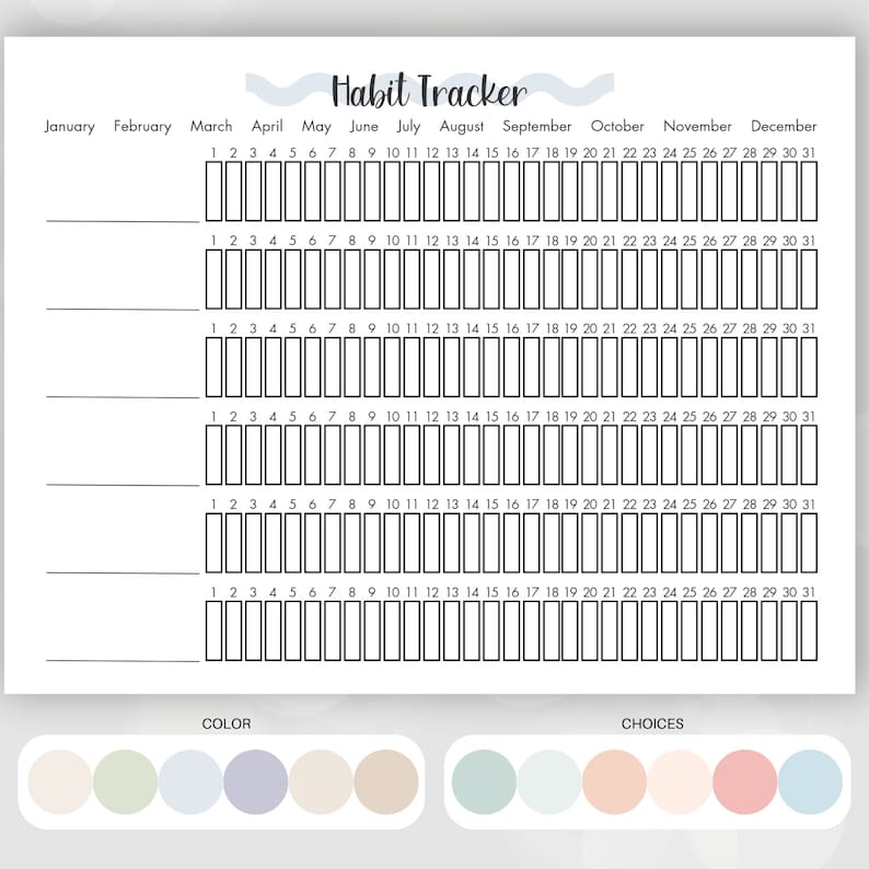 Habit Tracker Printable, Habit Tracker Digital, 4 Versions, 12 Colors ...