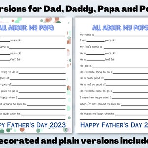 Father's Day Printable Questionnaire Gift for Dad, Daddy, Papa or Pops ...