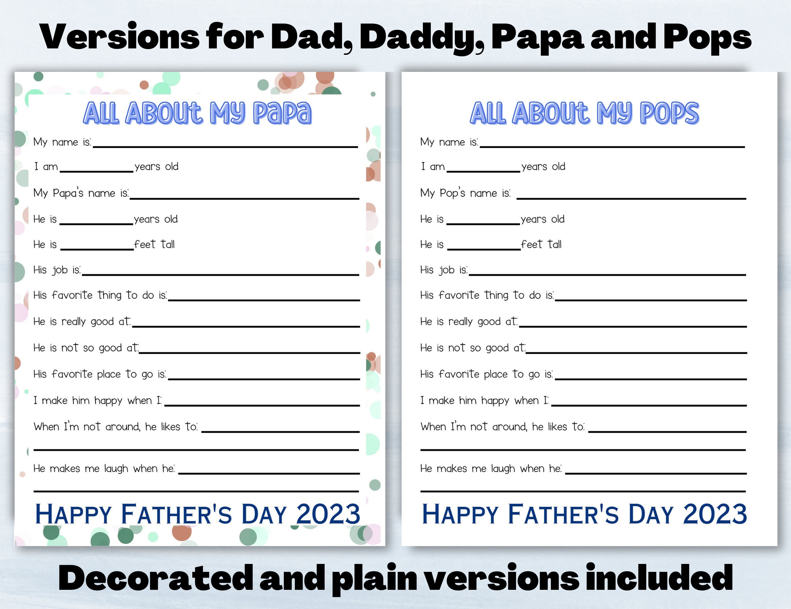 Father's Day Printable Questionnaire Gift for Dad, Daddy, Papa or Pops ...