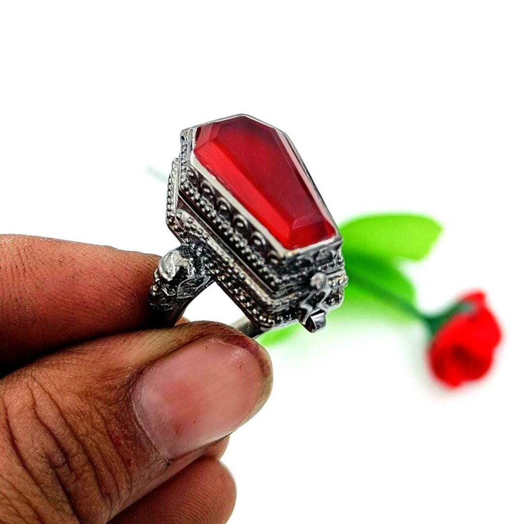 Red Glass Coffin Locket Silver Ring, Skeleton Coffin Ring,snake Ring ...