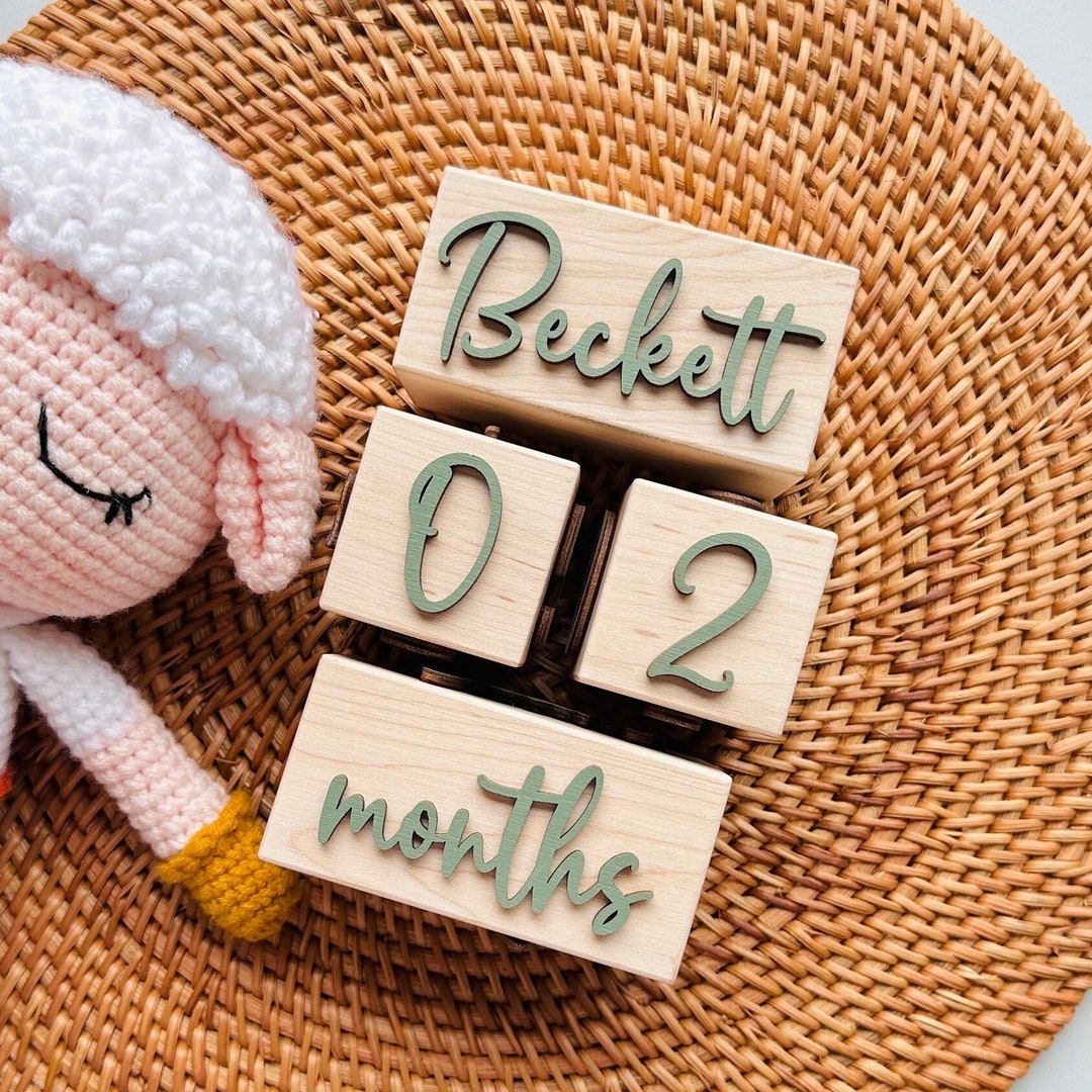 Milestone Blocks, 3D Wooden Monthly Baby Milestone Blocks, Baby Wood ...