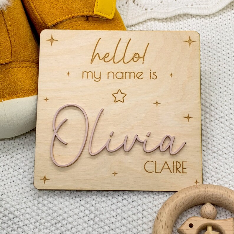 Hello My Name is Baby Announcement Sign With Starbursts & Star, Wooden ...