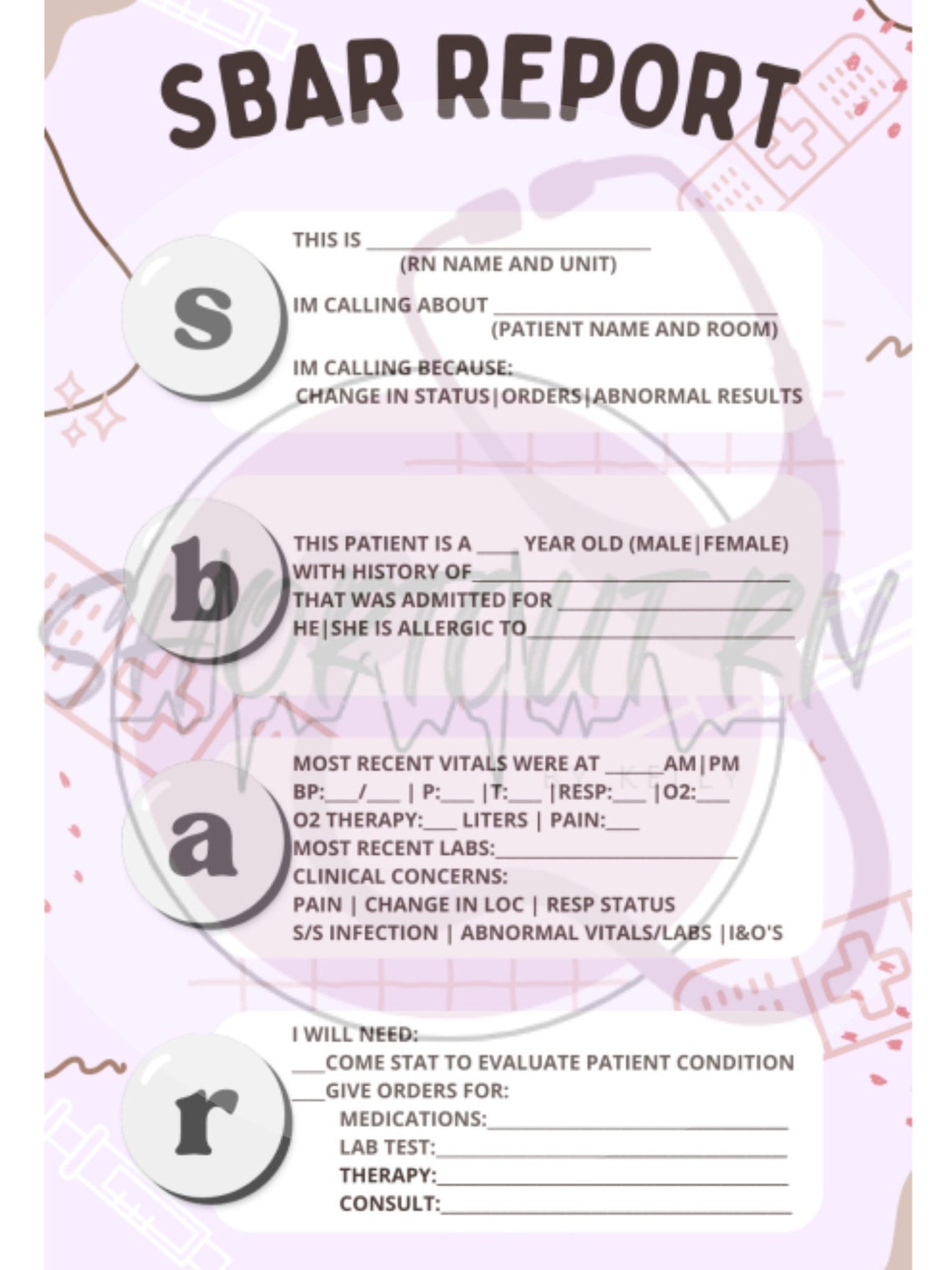 CUTE SBAR REPORT / Nursing Report Sheets / Nursing Students/ New Grad ...
