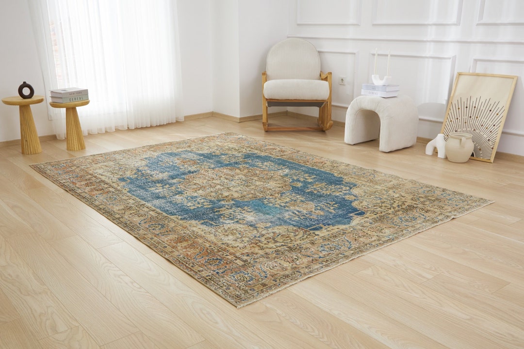 7x9 Vintage Turkish Rug Mia 7x9 Blue Rug Handwoven Wool Carpet for ...