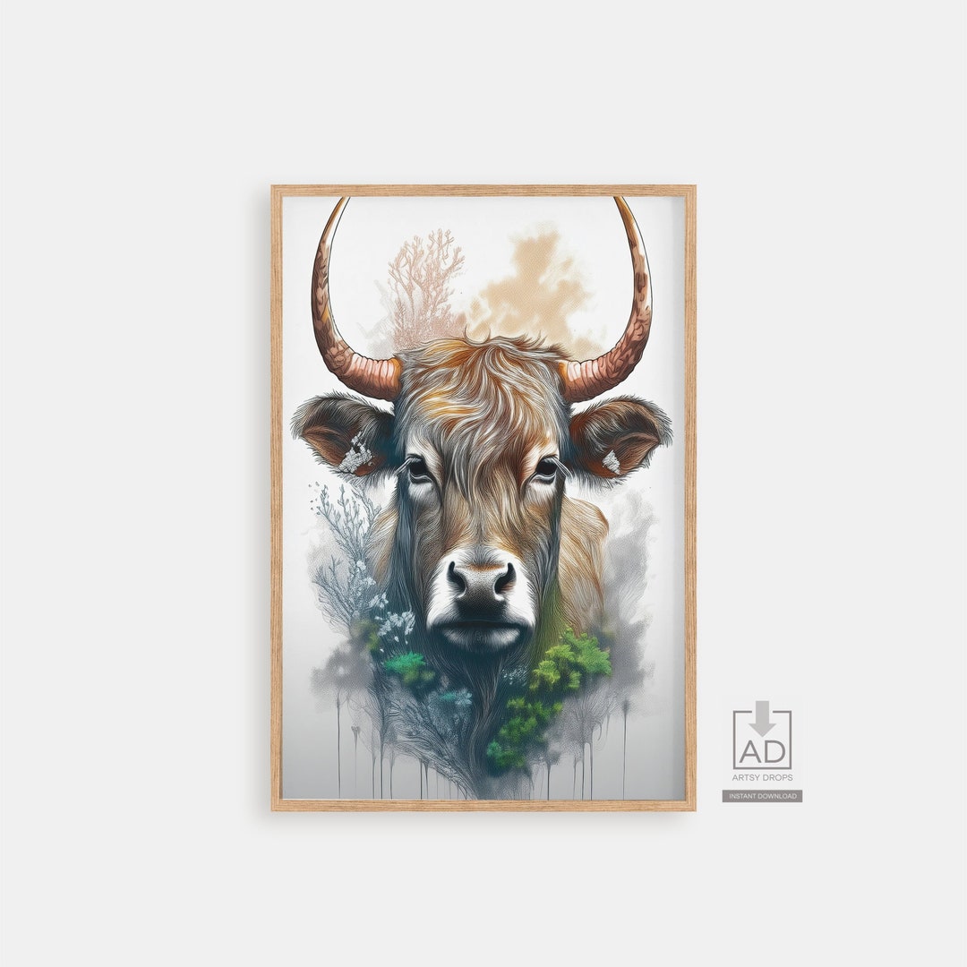 Wild Bull Digital Art Print, Detailed Bull Head Artwork, Animal Wall ...
