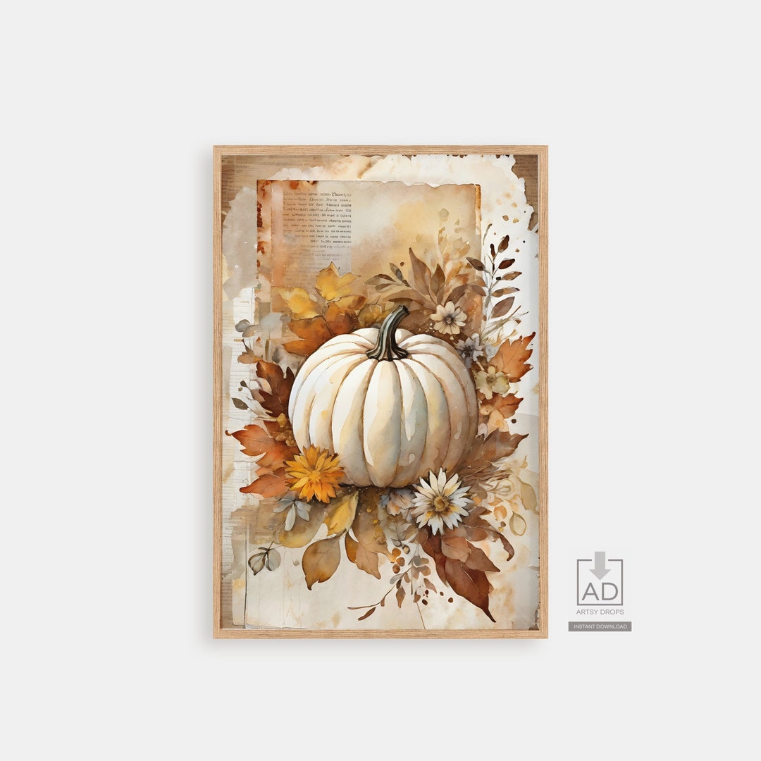 Autumn Pumpkin Watercolor Print, Fall Floral Digital Art, Seasonal Home ...