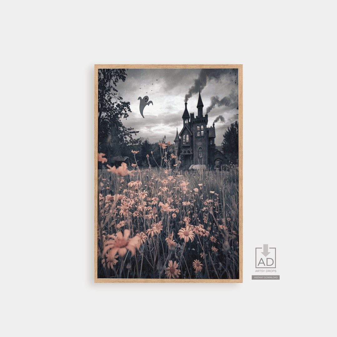 Haunted House Halloween Print: Gothic Castle, Ghostly Flowers (digital ...