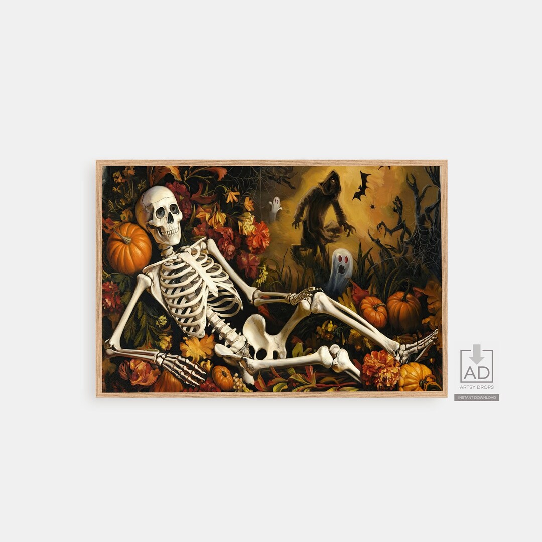 Spooky Skeleton Halloween Art Print: Ghost, Scarecrow, Fall Decor ...