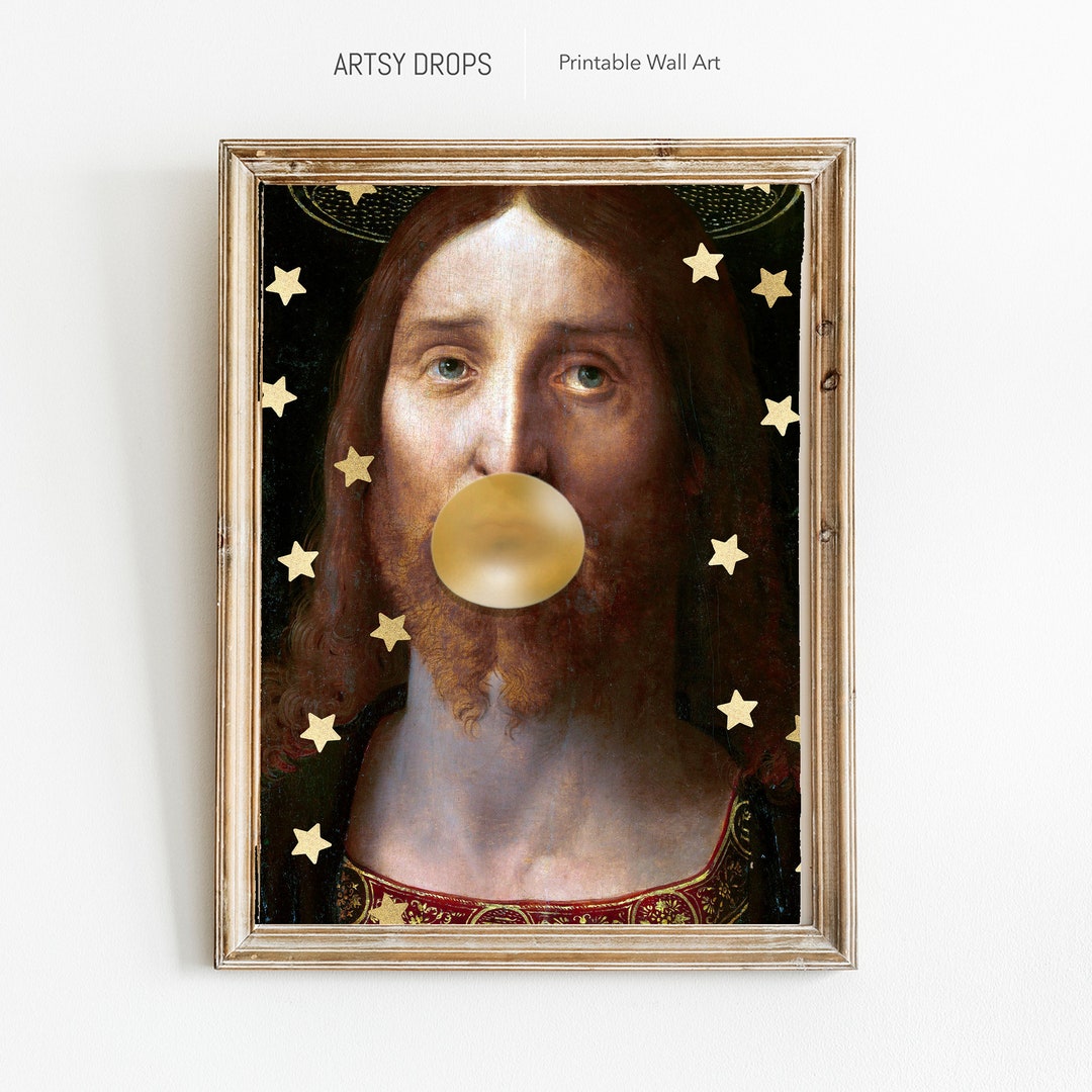 Printable Bubblegum Jesus Art - Altered Religious Portrait Wall Decor ...