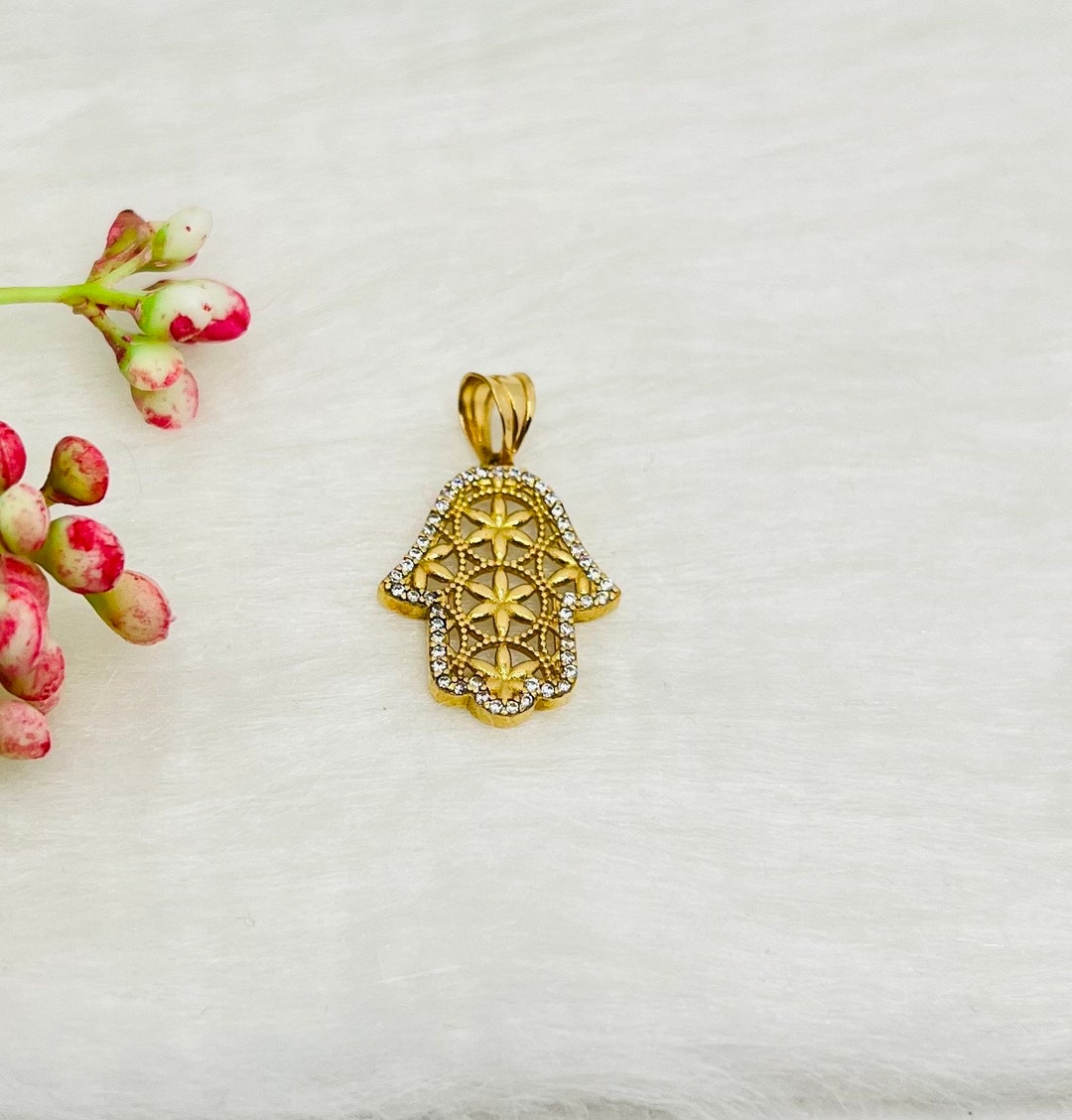 18K Real Gold Hamsa Hand Pendant With Cubic Zirconia - Etsy