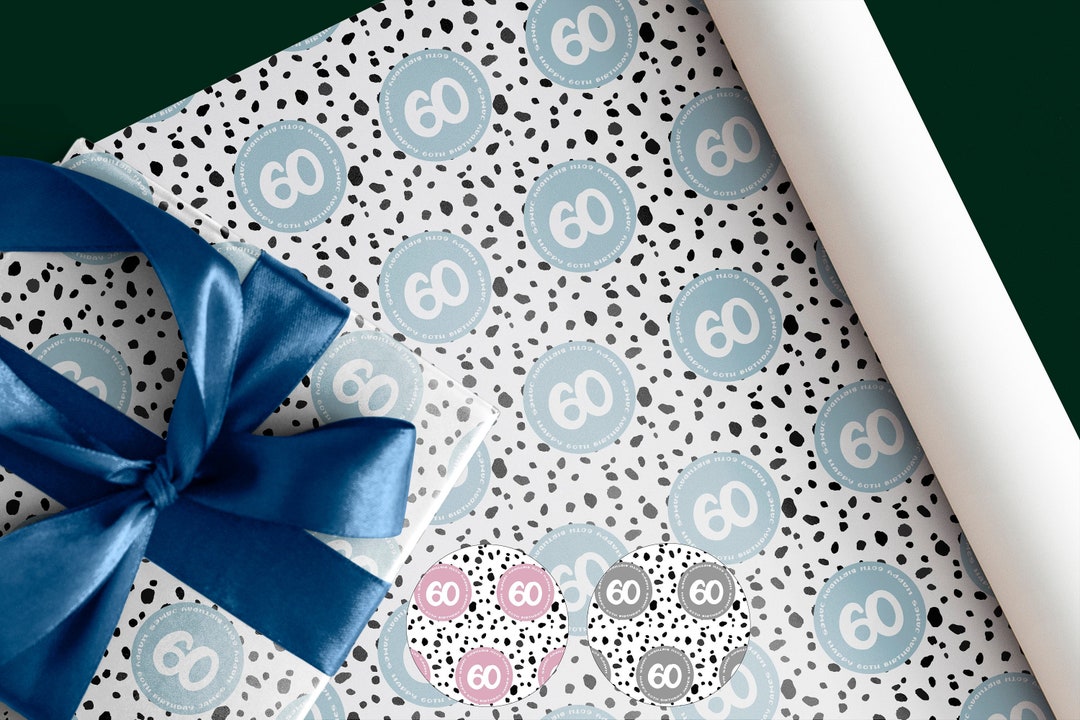 Personalised 60th Birthday Wrapping Paper Black Spots, Blue, Pink, Grey ...