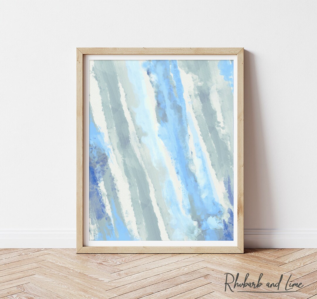 Watercolor Blue Streaks Art Print Handpainted Grey Cyan Blue Abstract ...