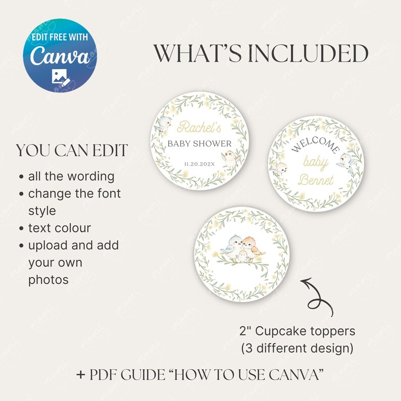 Baby Shower Cupcake Toppers Template - Yellow Floral Birds Watercolor ...