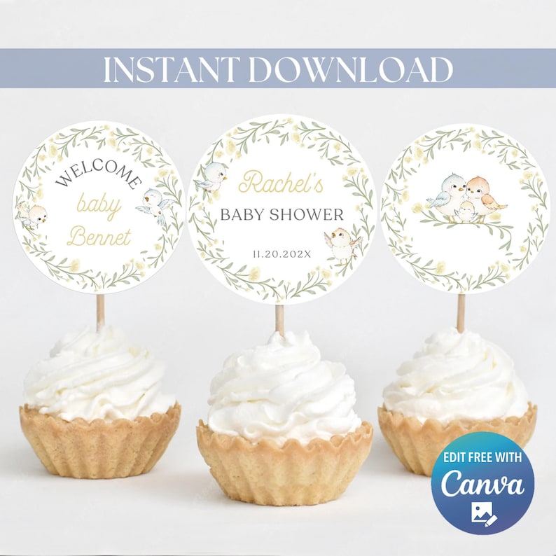 Baby Shower Cupcake Toppers Template - Yellow Floral Birds Watercolor ...
