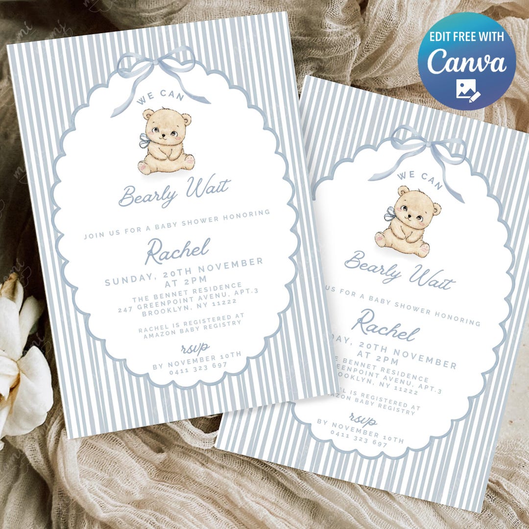 Baby Boy Shower Invitation Template – Watercolor Teddy Bear & Blue Bow ...
