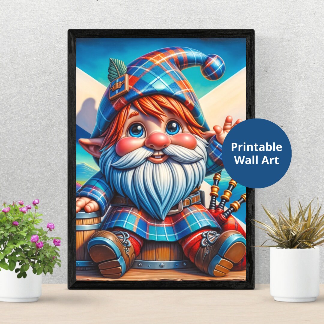 Printable Scottish Gnome Poster | Whimsical Cartoon Gnome With Saltire ...